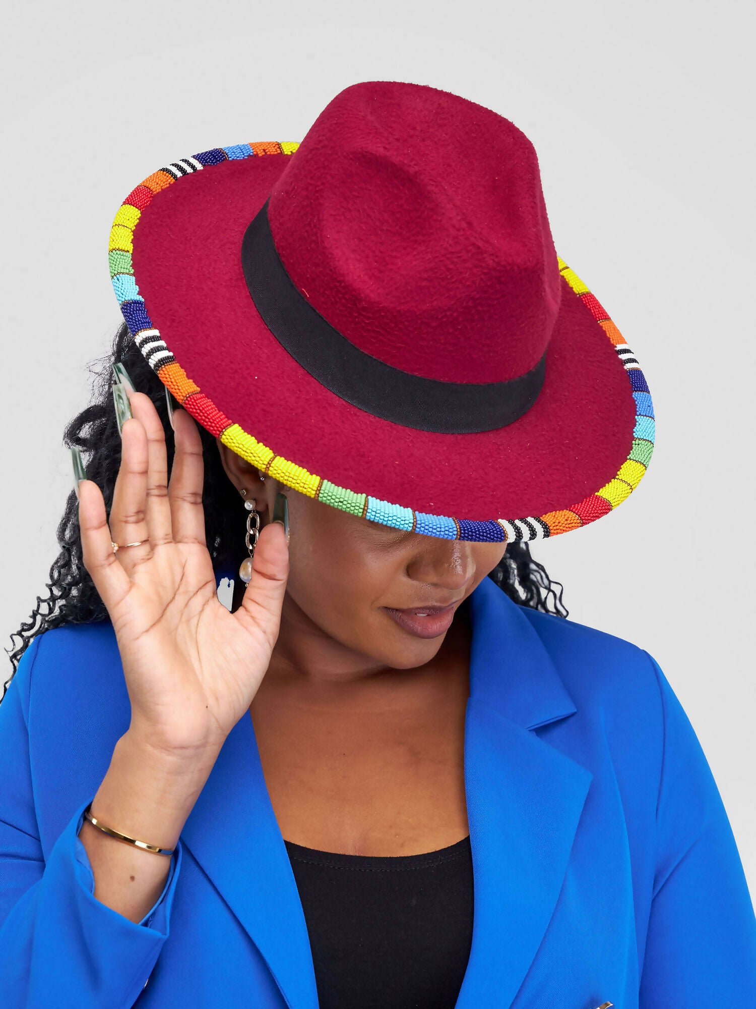 Umbo Collection Lower Brim Beading Fedora Hat - Maroon – Shopzetu